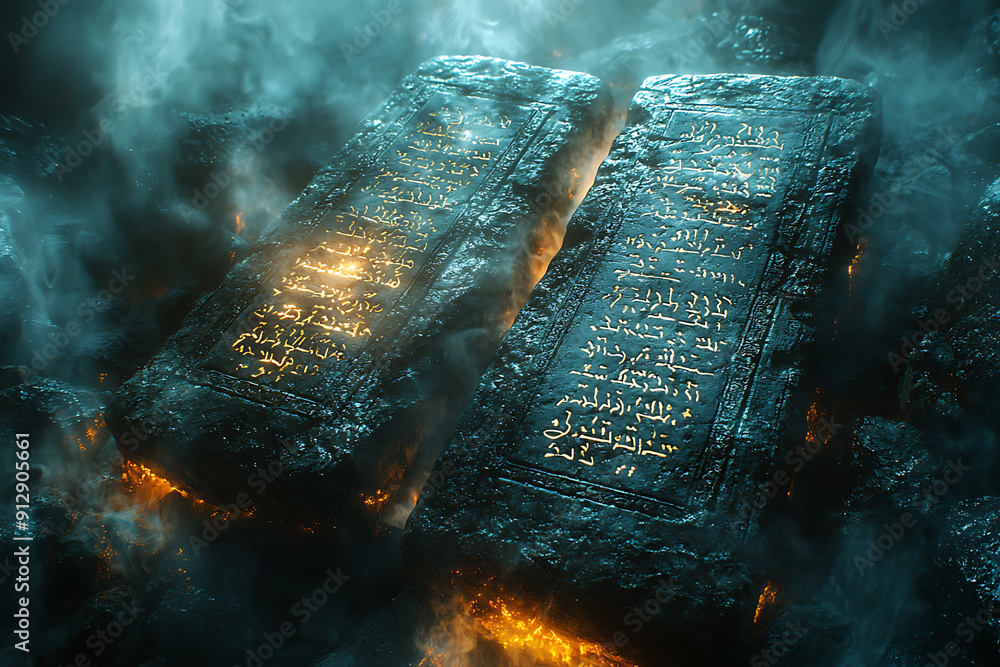 Two stone tablets that God gave to Moses, depicted on a dark background ...