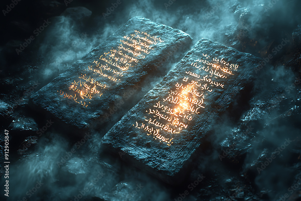 Two stone tablets that God gave to Moses, depicted on a dark background ...