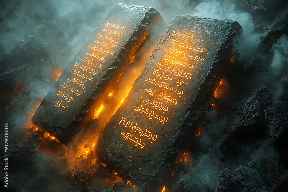 Two stone tablets that God gave to Moses, depicted on a dark background ...