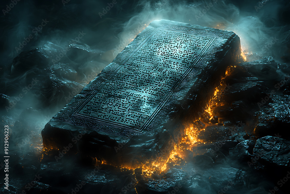 Two stone tablets that God gave to Moses, depicted on a dark background ...