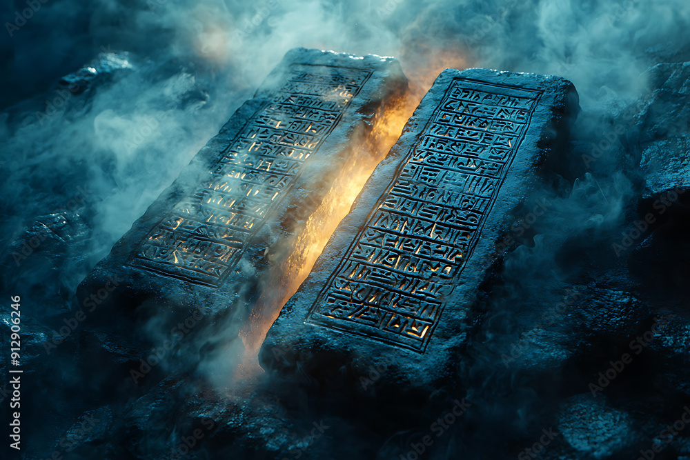 Two stone tablets that God gave to Moses, depicted on a dark background ...