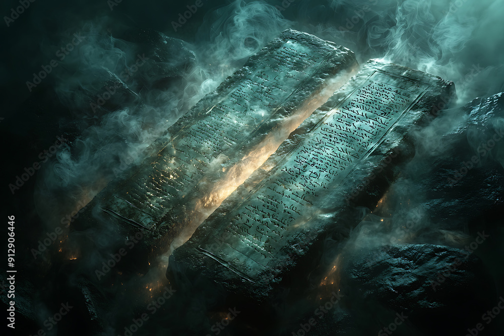 Two stone tablets that God gave to Moses, depicted on a dark background ...