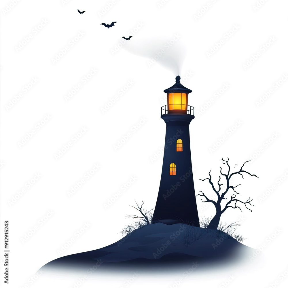 Spooky silhouette of a lighthouse with bats and a bare tree Stock ...