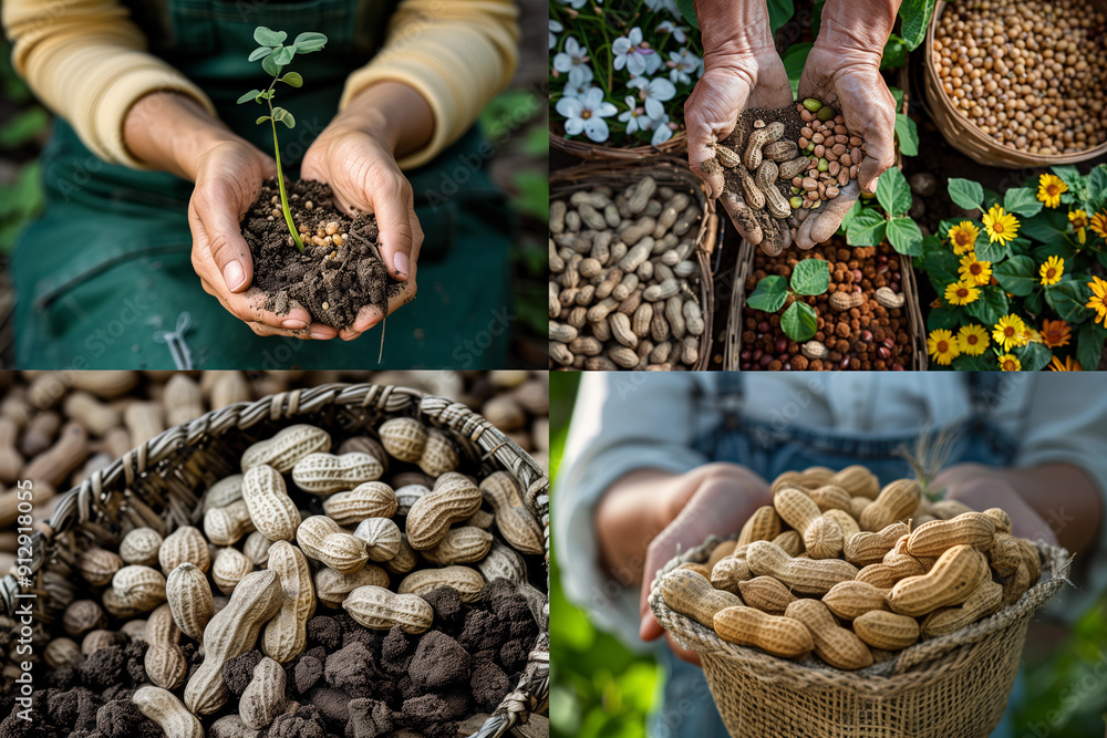 Hands holding peanuts. The process of planting, sprouting and ...