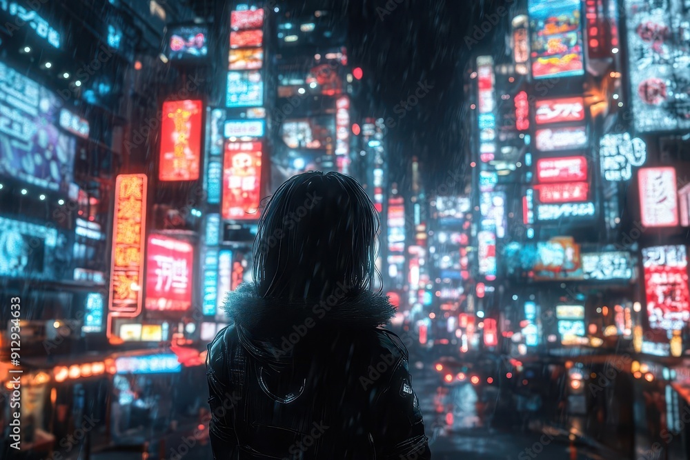 cyberpunk night city scene with an anime girl facing away from the ...