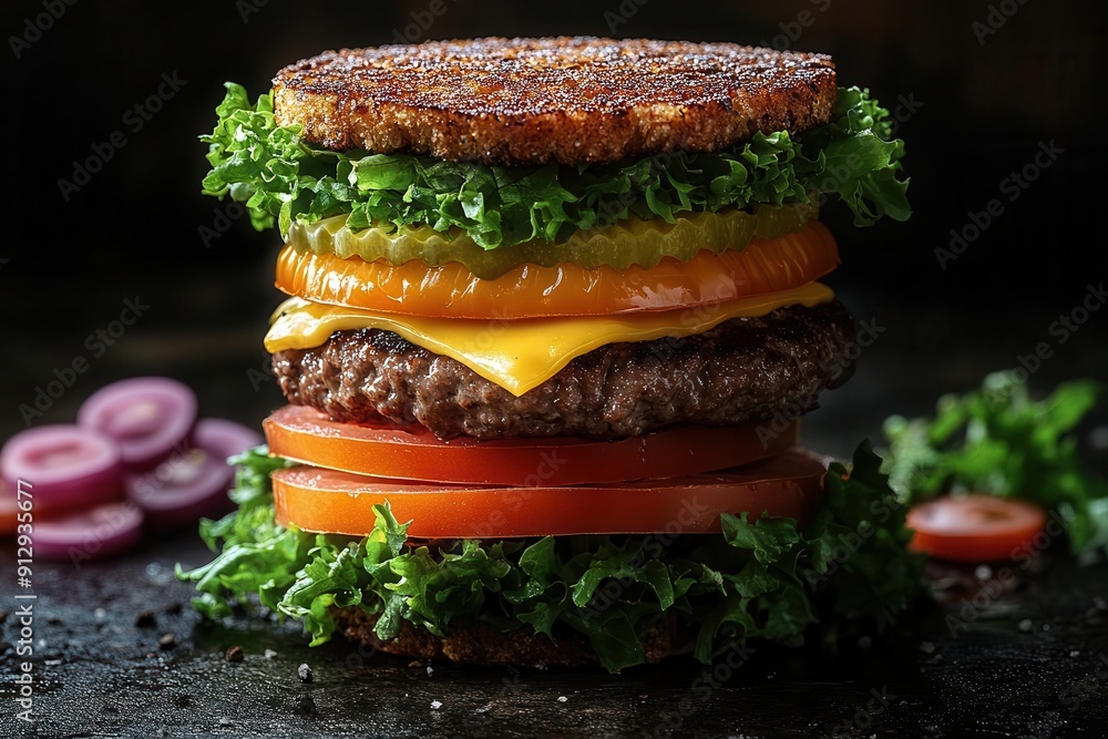 deconstructed gourmet burger floating midair layers separated juicy ...