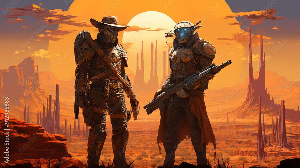 Space cowboys in sci-fi western scene. Sci-fi warriors of the wasteland ...