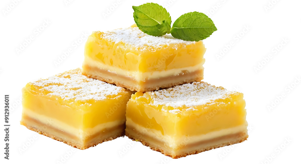 Three stacked lemon bars dusted with powdered sugar and garnished with ...