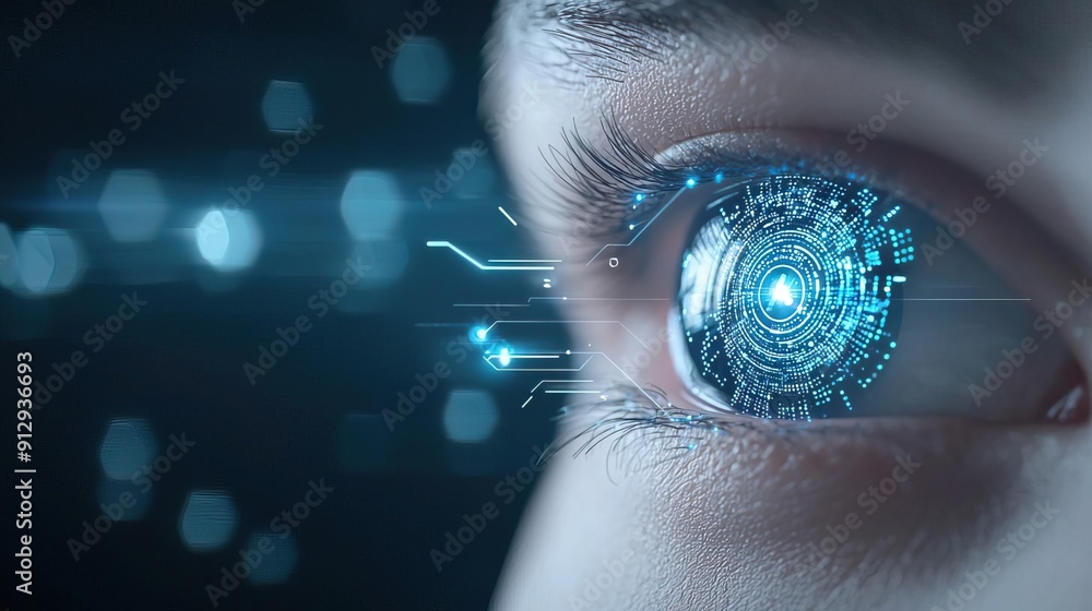 Eye level angle, artificial intelligence chip with digital data streams ...