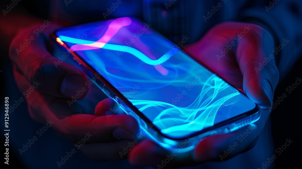 The hand holds a realistic cell phone with a bright screen saver on the ...
