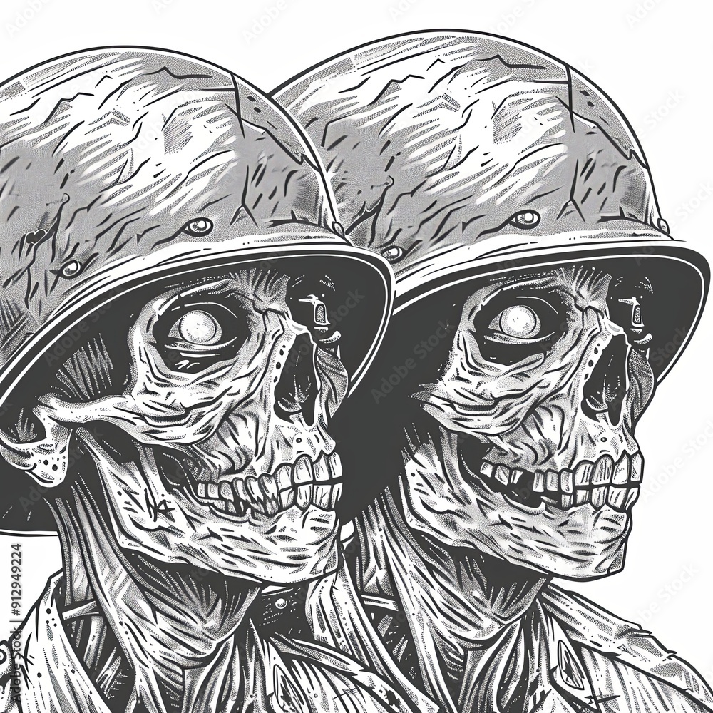 An undead army consisting of skeletons or zombies with helmets on their ...