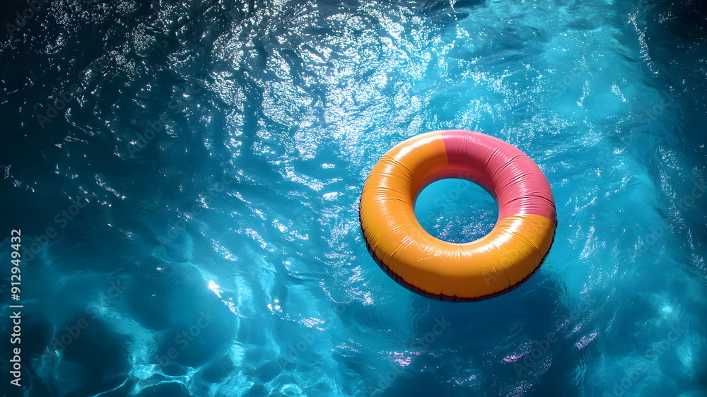 Colorful inflatable float floating on a blue swimming pool symbolizes ...