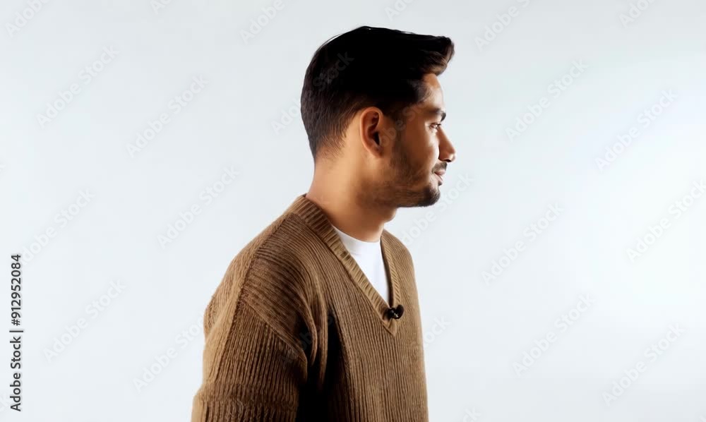 Portrait of a Filipino man in his 30s wearing a chic cardigan against a ...