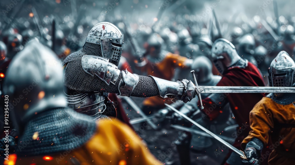 A fierce battle scene with armored knights in a chaotic fight ...
