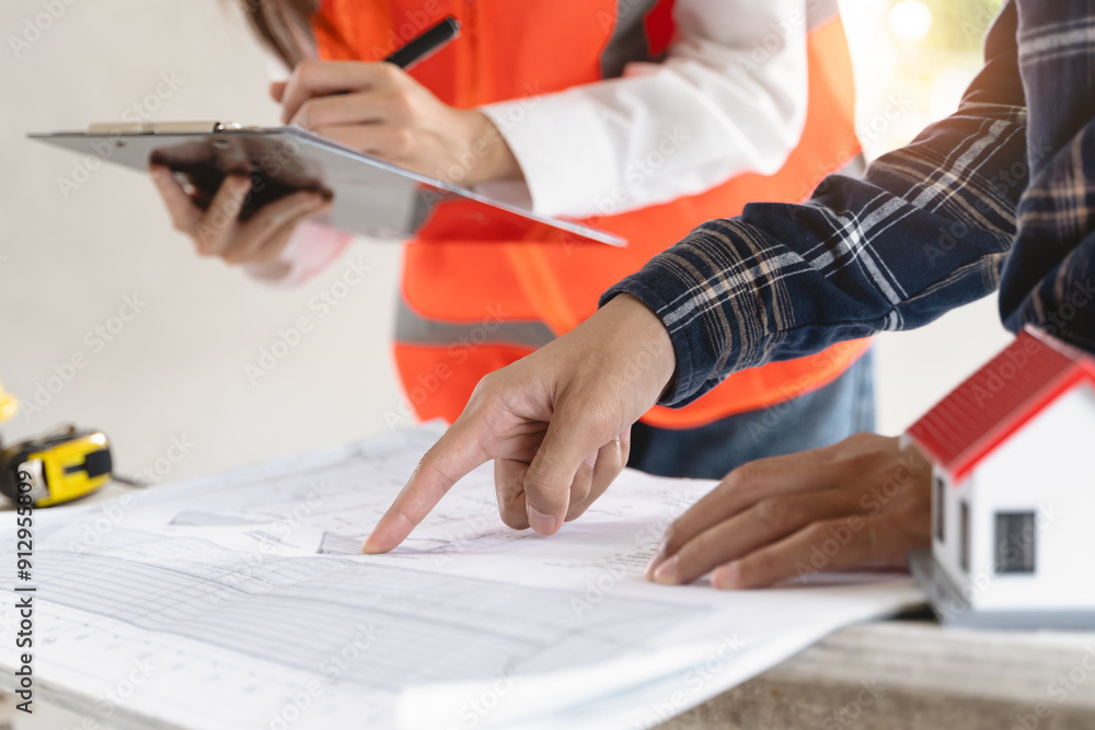 Concept Teamwork of building construction staff. Project engineer ...