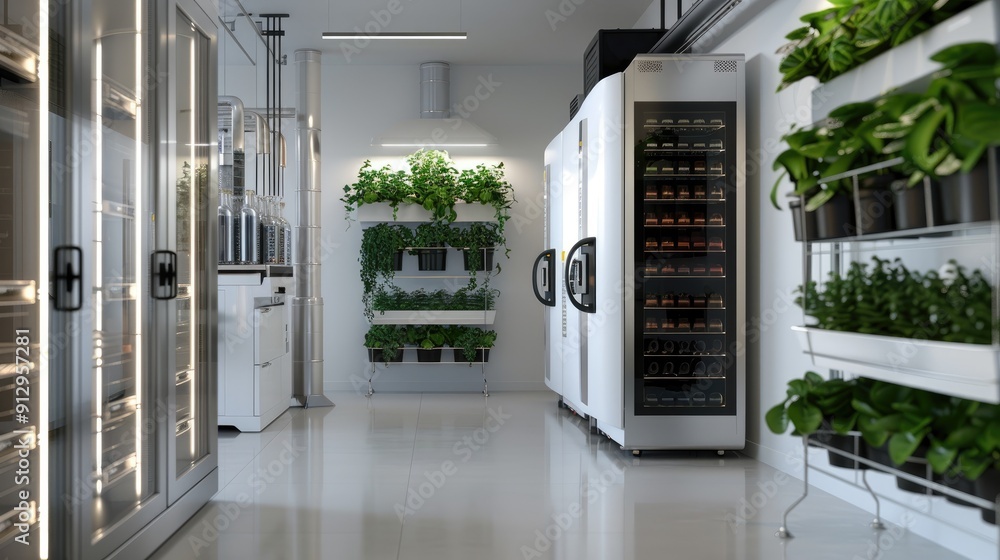 A high-tech indoor farm with advanced equipment for growing plants ...