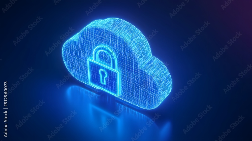 Blue digital cloud with a lock symbol, representing cloud security and ...