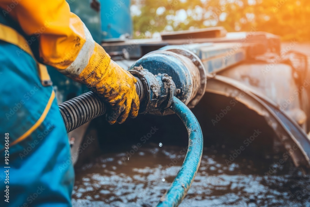 Hand connects a suction hose to a sewage tanker truck. Sewer pumping ...