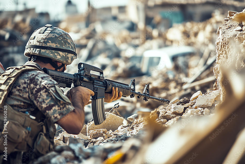 A soldier in full camouflage uniform takes a prone position on a ...