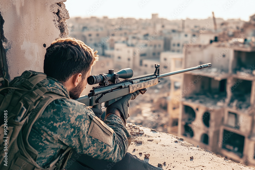 A soldier in full camouflage uniform takes a prone position on a ...