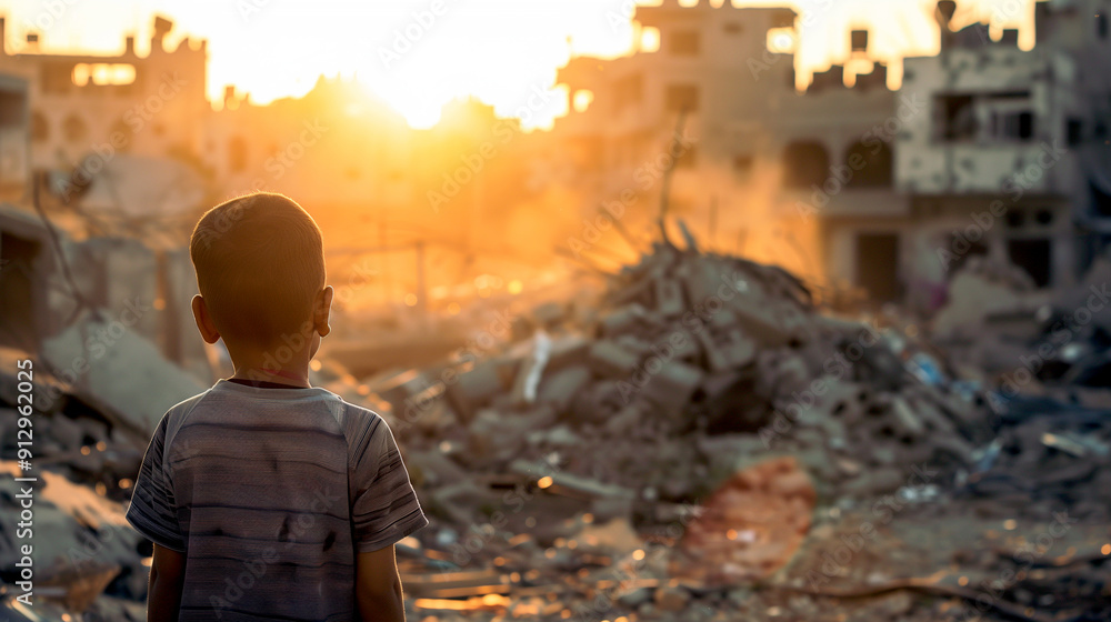 Back side of a young boy stands amidst the ruins of a bombed-out urban ...
