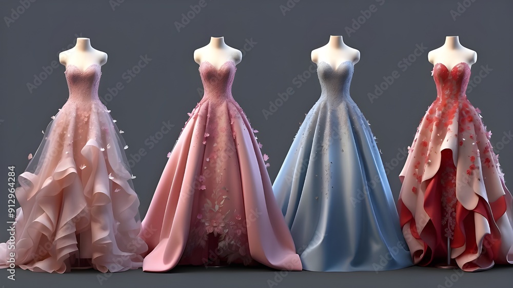 Beautiful gowns for extravagant parties worn by females, isolated on a ...