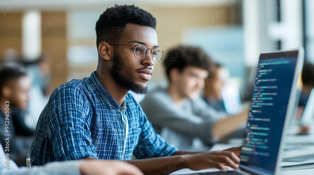 Smart young students working together on software code, university ...