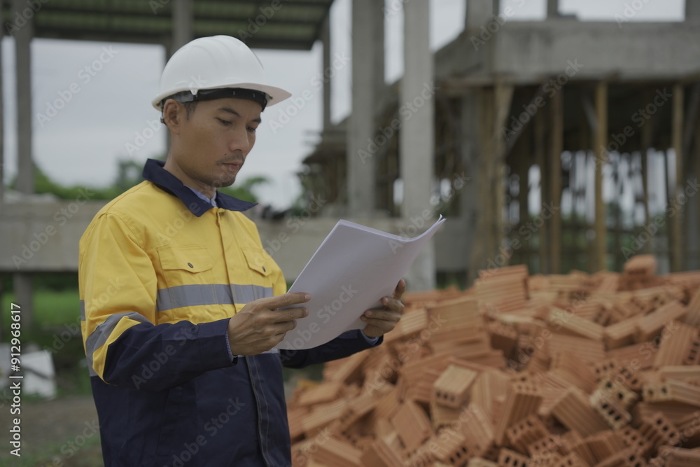 Professional architect engineer with hard hat and blueprint at building ...