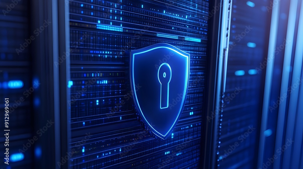 Close-up of a secure server room with digital lock icon, representing cybersecurity and data ...