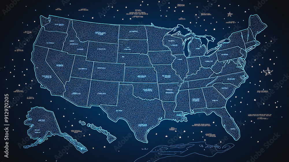 Detailed artistic map of the United States with state names in a starry ...