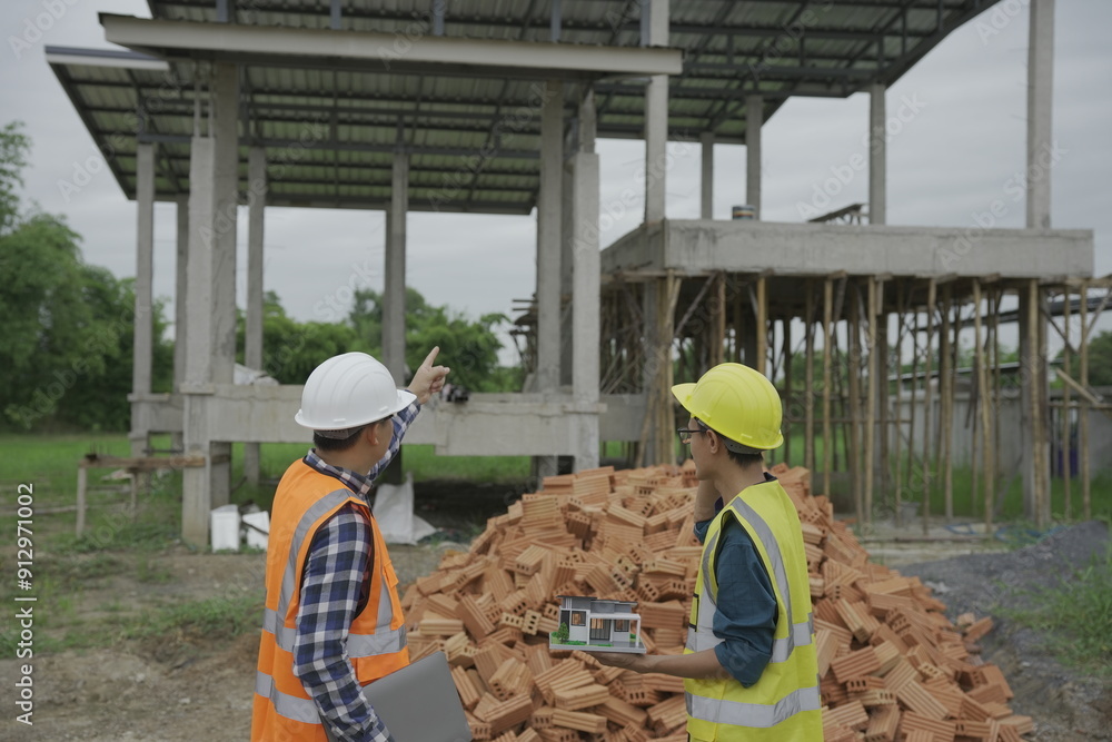 Professional architect engineer with hard hat and blueprint at building ...
