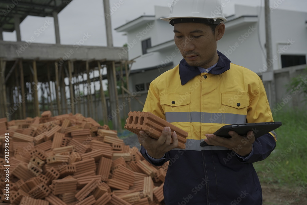 Professional architect engineer with hard hat and blueprint at building ...