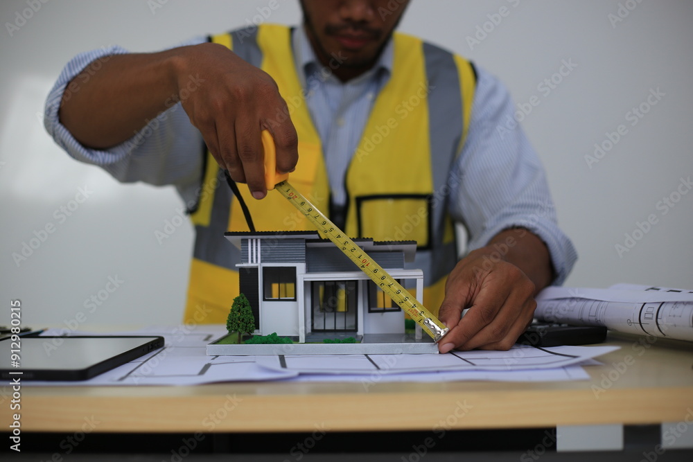 Asian architect and designer using blueprints and laptop to draw ...