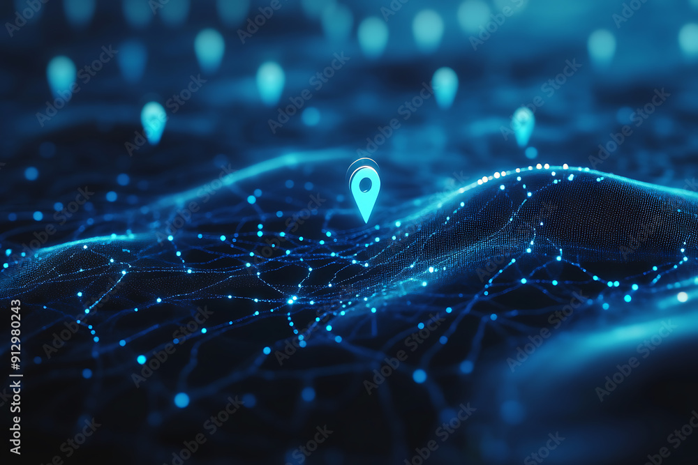 An abstract digital background banner featuring a geotag location point ...