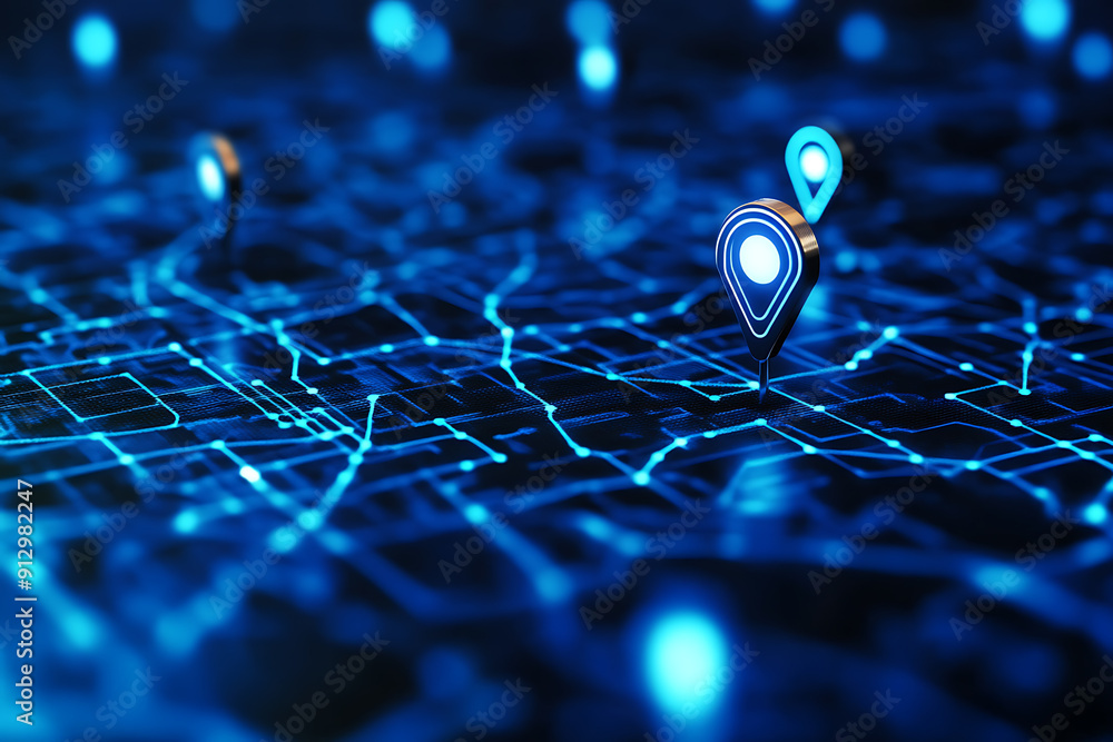 An abstract digital background banner featuring a geotag location point ...