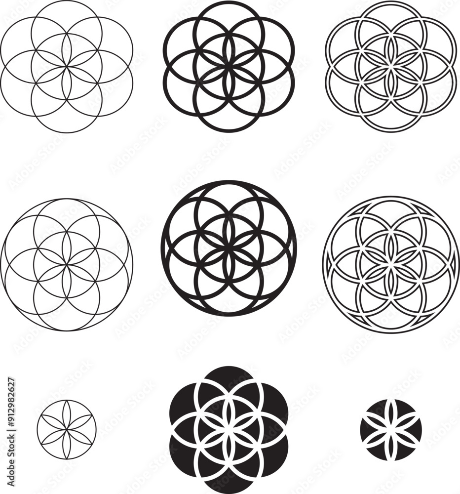 Seed of life symbol made from seven circles overlapping. Variations ...
