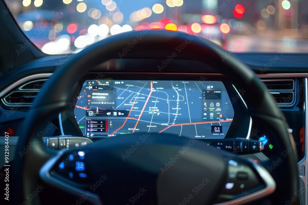 High-tech dashboard interface in a driverless car, advanced technology ...