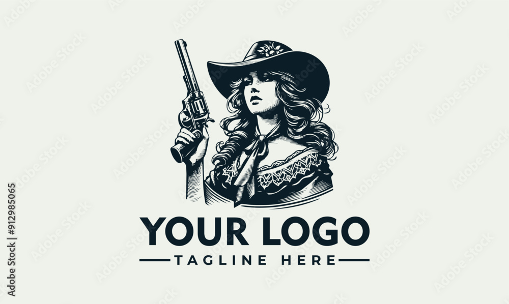 Woman holding revolver, long hair, black and white, decorative ...