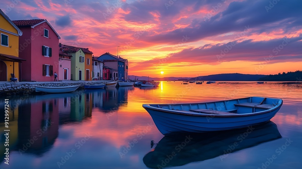Charming Coastal Village at Sunset of Golden Lighting Reflecting on ...