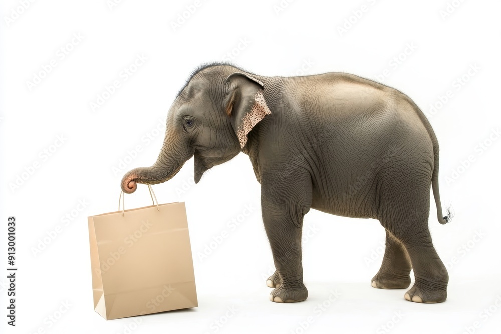 Elephant's shopping spree. Trunk grasps paper bag. White backdrop ...