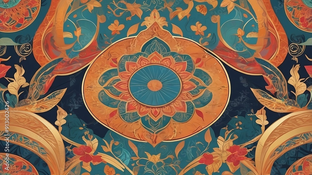 An Orientalist-inspired background with exotic patterns, vibrant colors ...