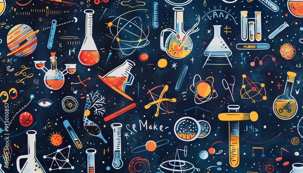 Flat background featuring symbols of science like beakers, test tubes ...