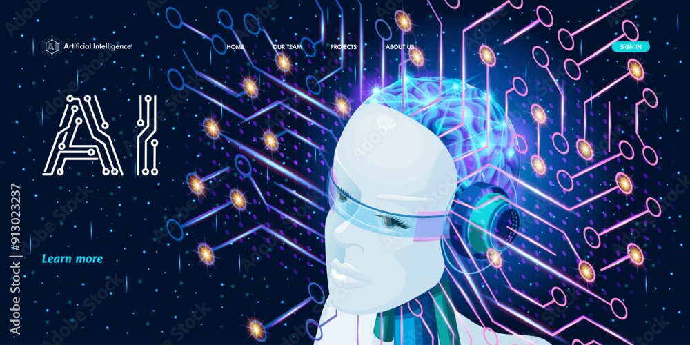 Landing page Isometric. Header of the Artificial Intelligence website ...