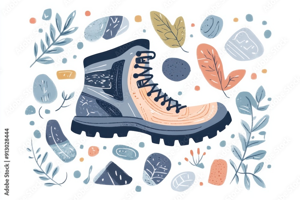 Doodle of a hiking boot print on a path with surrounding nature ...