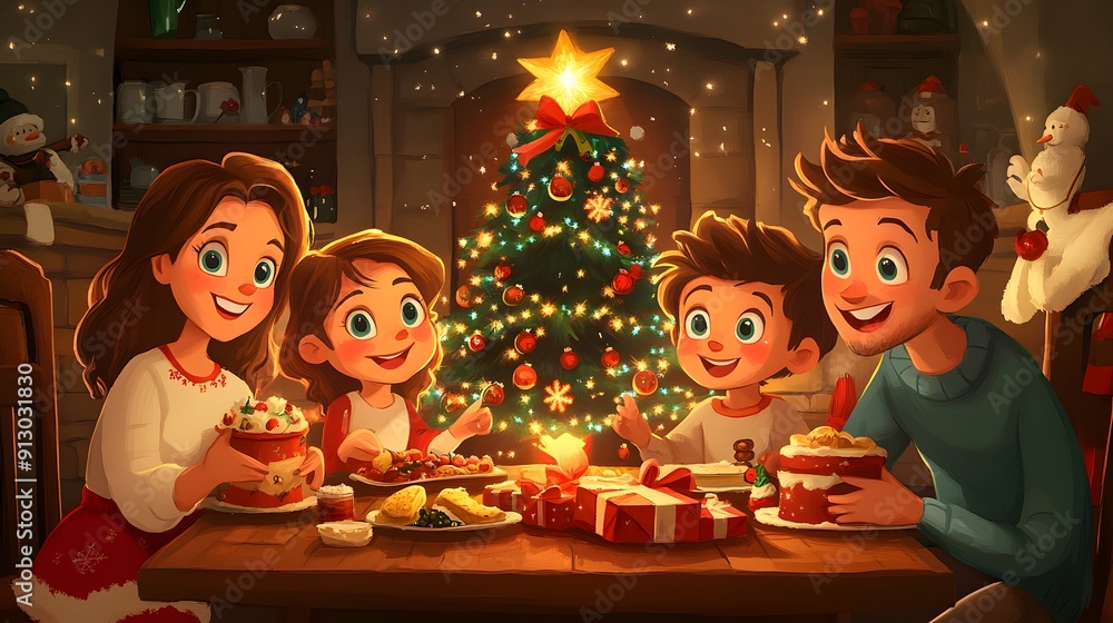 Cartoon family enjoying a Christmas Eve gathering with a decorated tree ...