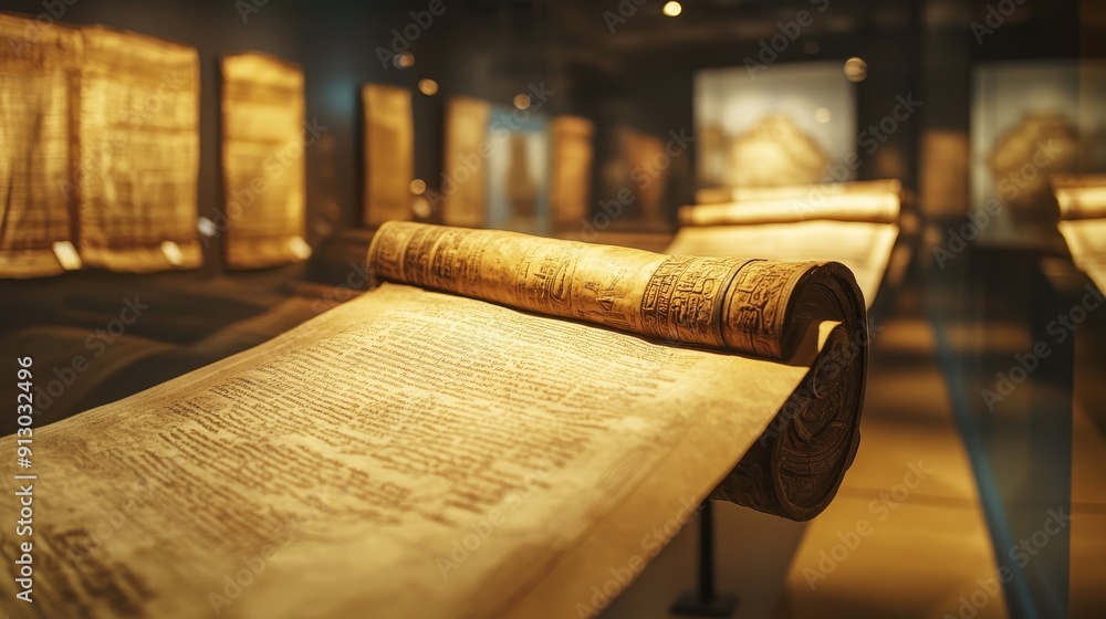 Historical facts displayed on ancient scrolls in a museum, facts ...