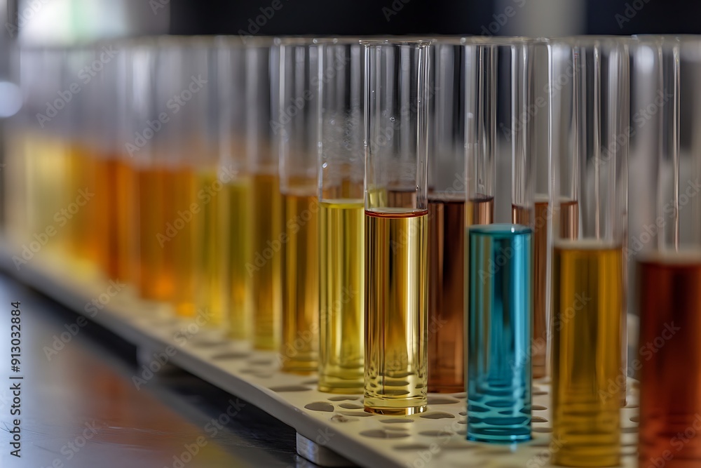 Detailed close-up image of test tubes containing various colored ...