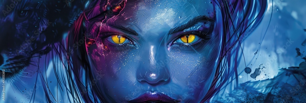 Female vampire with deep blue skin purple hair and bright yellow eyes ...