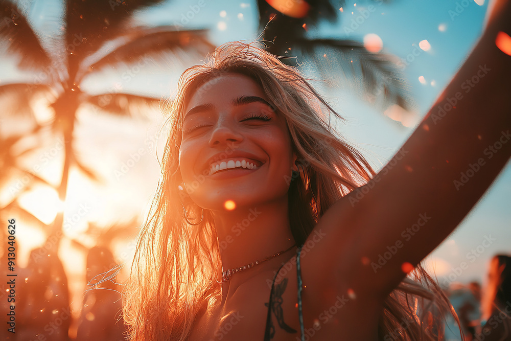 a 2020s style ,happy girl positioned on right side is dancing at a ...