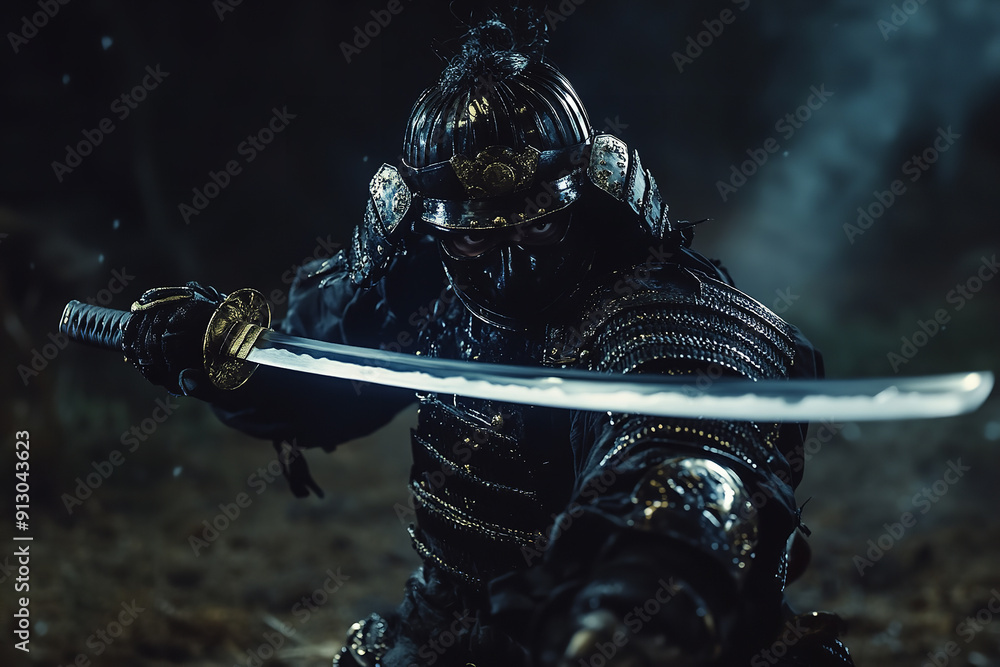 at night, taking katana out of sheet, fighting pose, samurai warrior in ...